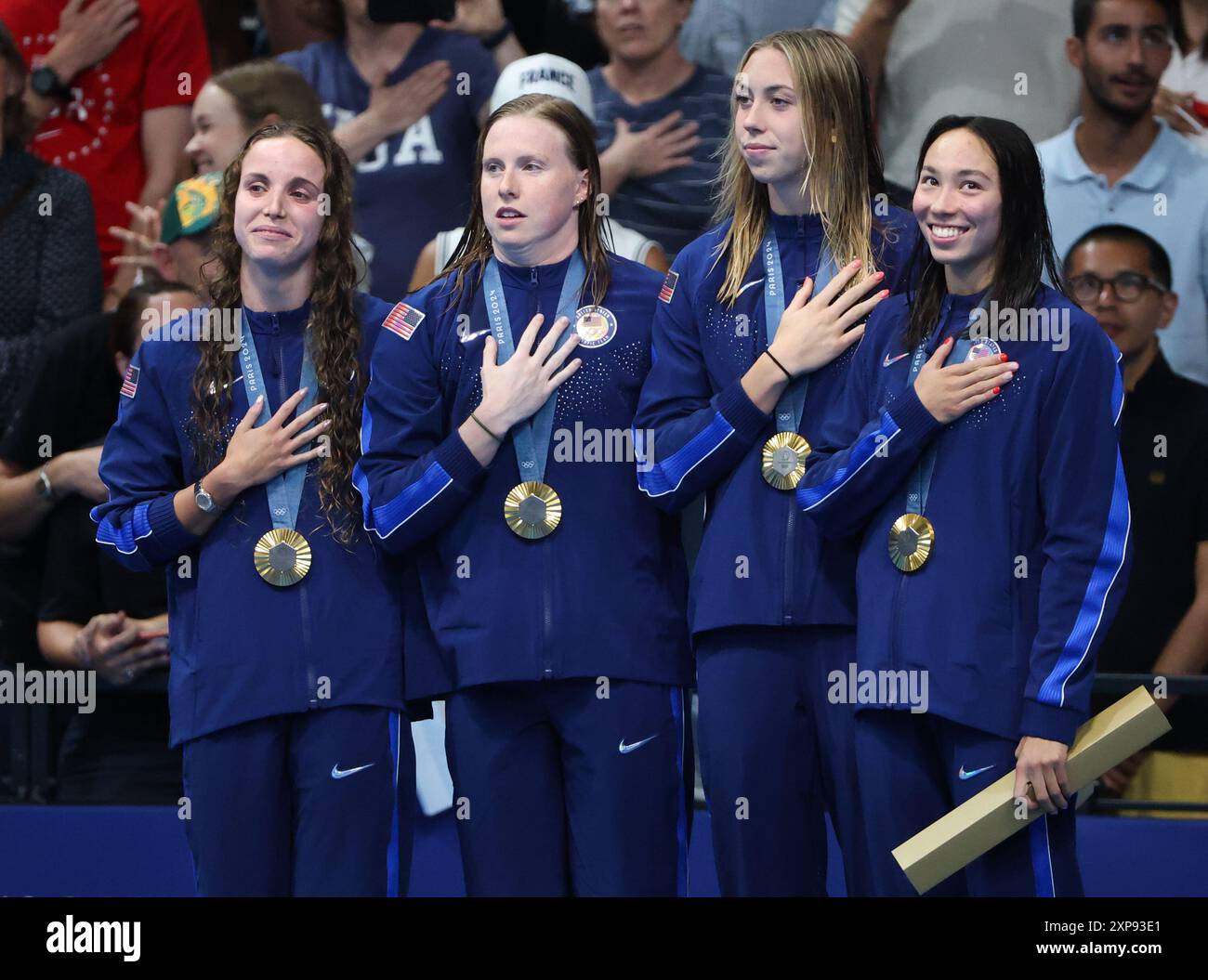 Paris, Ile de France, France. 4th Aug, 2024. Regan Smith (USA) Lilly King (USA), Gretchen Walsh ...