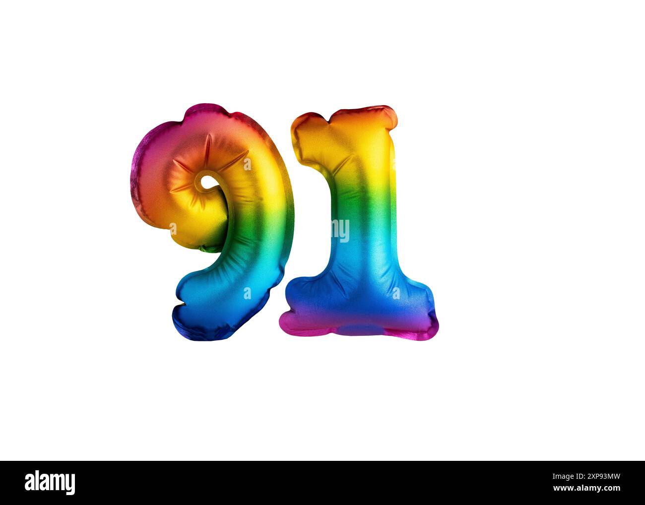 Multicolored balloon for number 91 celebration. Happy birthday on white ...