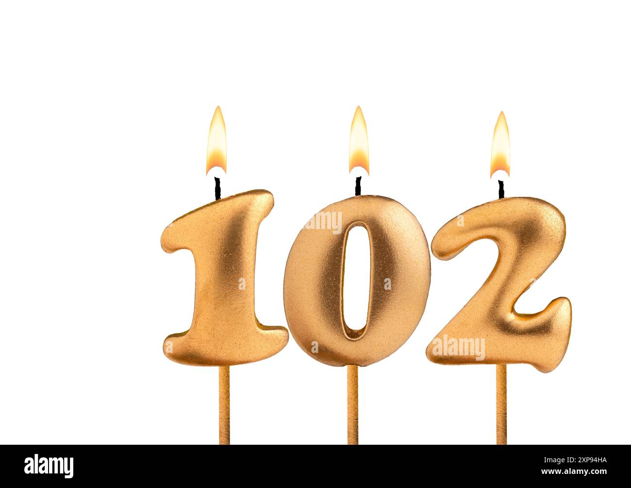 Birthday number 102 - Golden candle on white background Stock Photo - Alamy