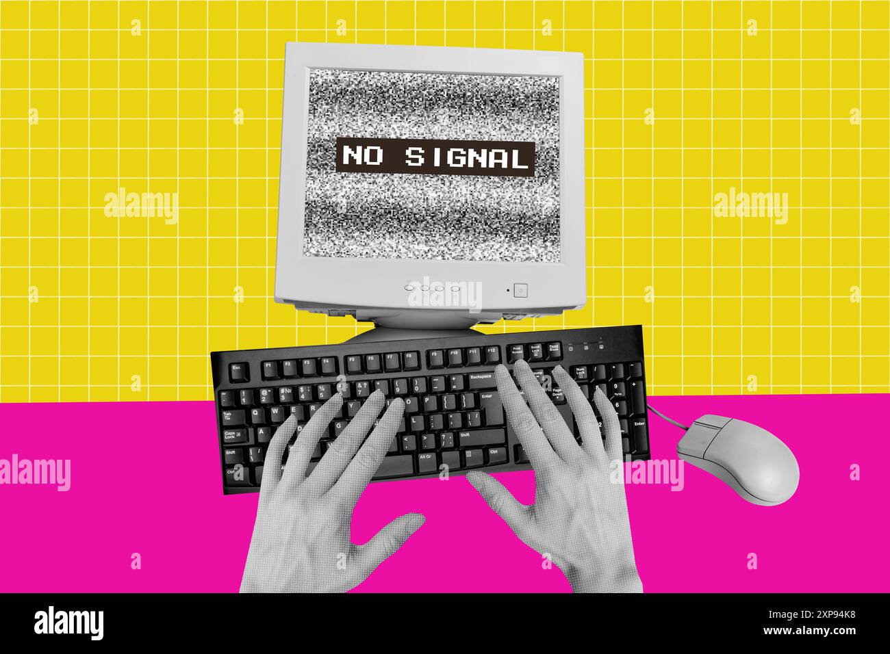Composite collage image of broken computer error no signal hand typing ...