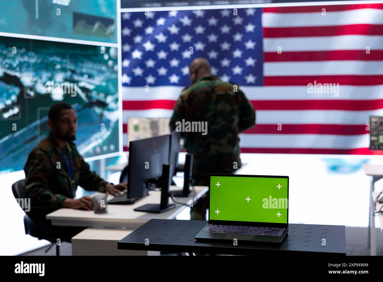 American army working in a command post with green screen, soldiers ...