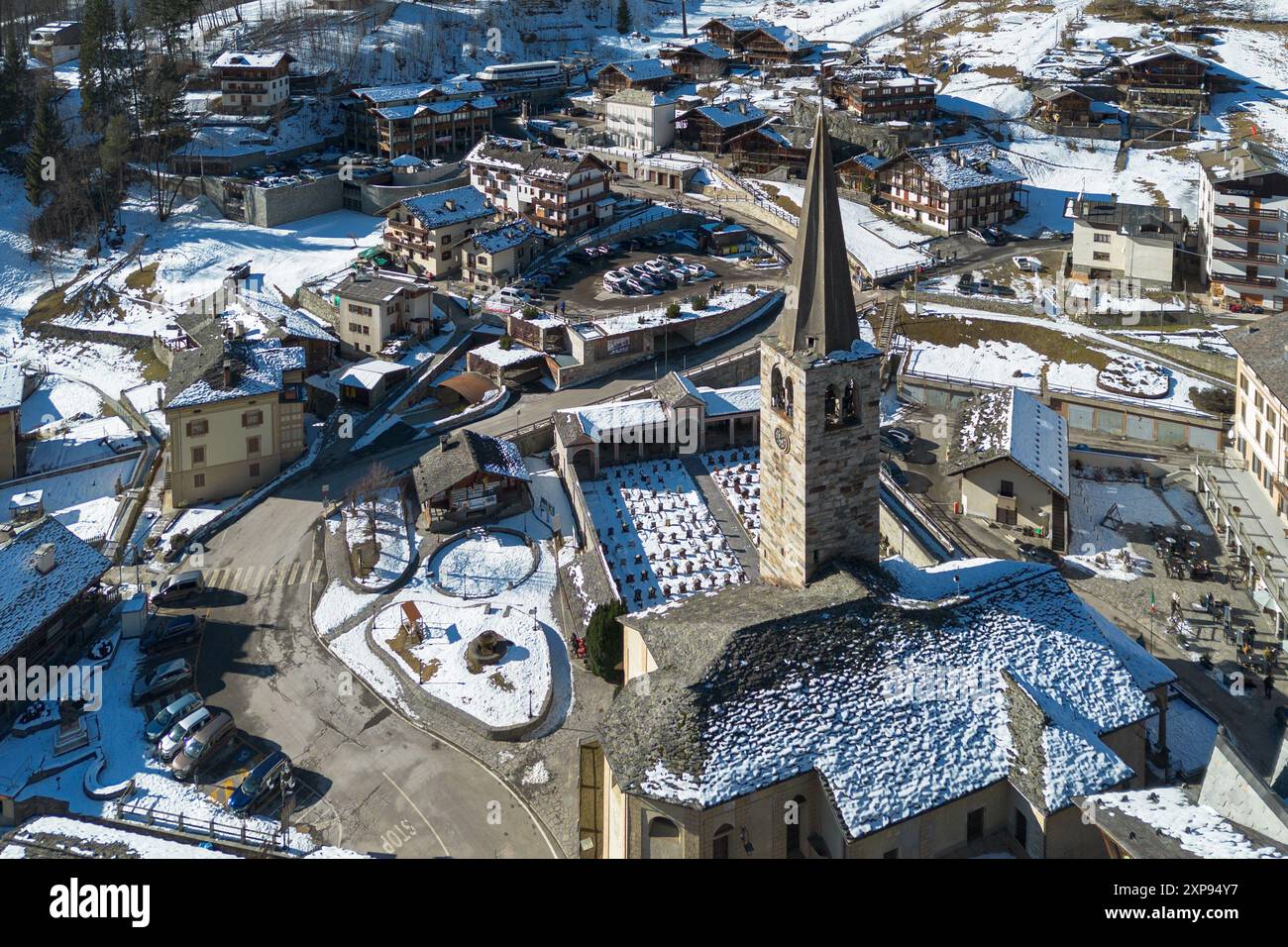Aerial view of Alagna Valsesia village in the italian alps during ...