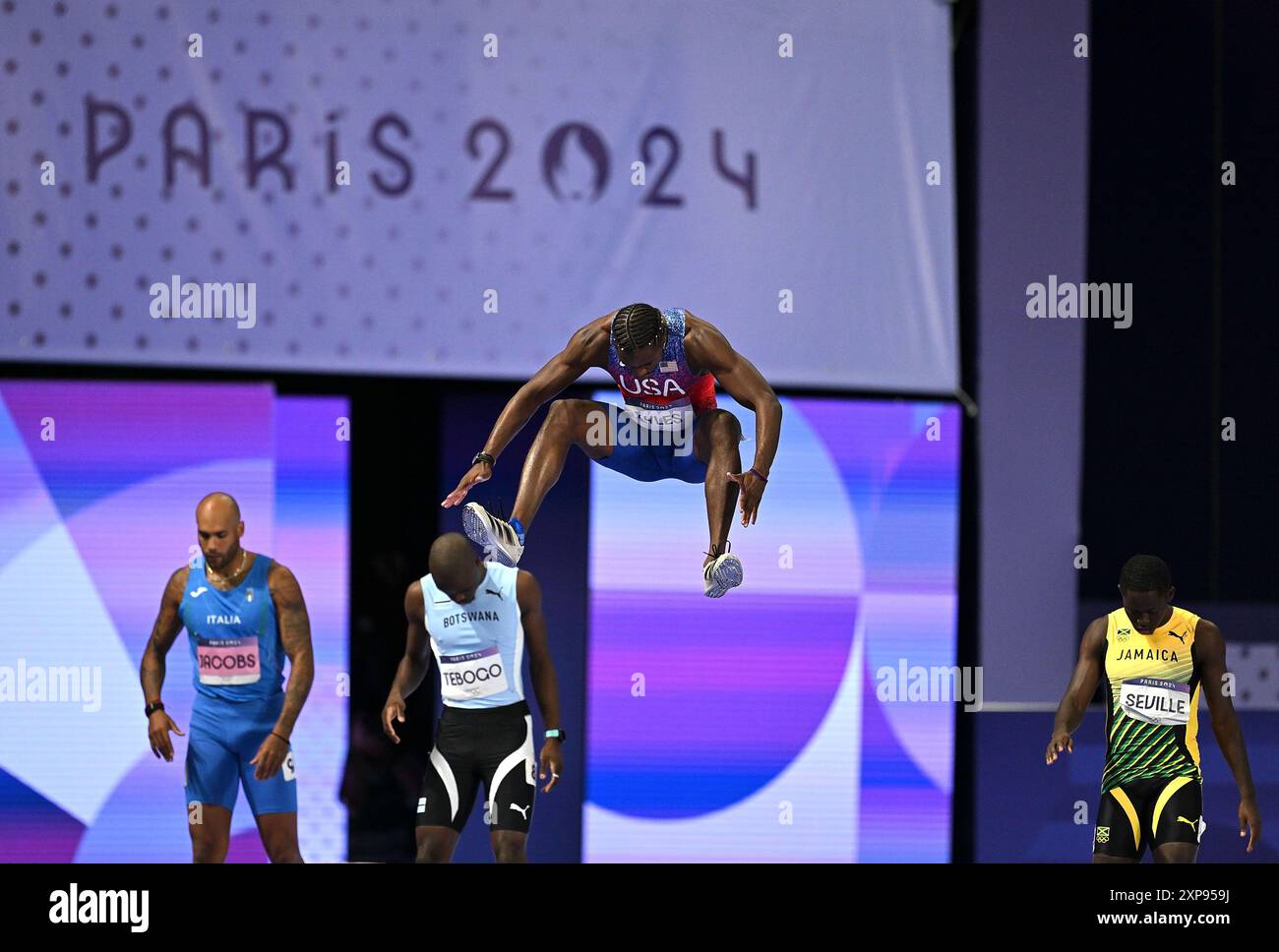 Paris, France. 4th Aug, 2024. Noah Lyles (2nd R) of the United States ...