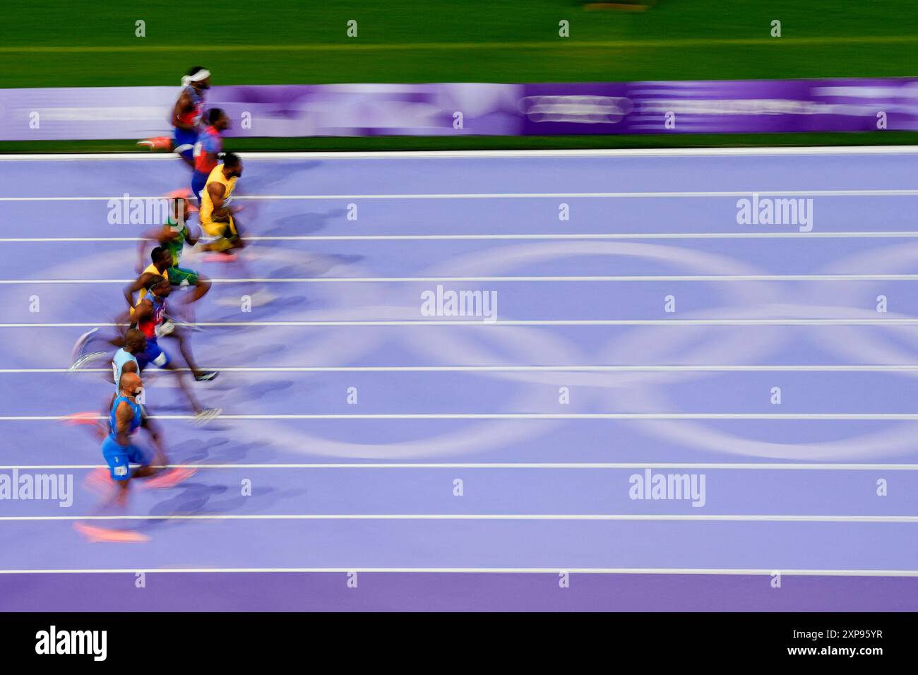 Paris, France. 04th Aug, 2024. Sprinters compete in the men's 100 ...