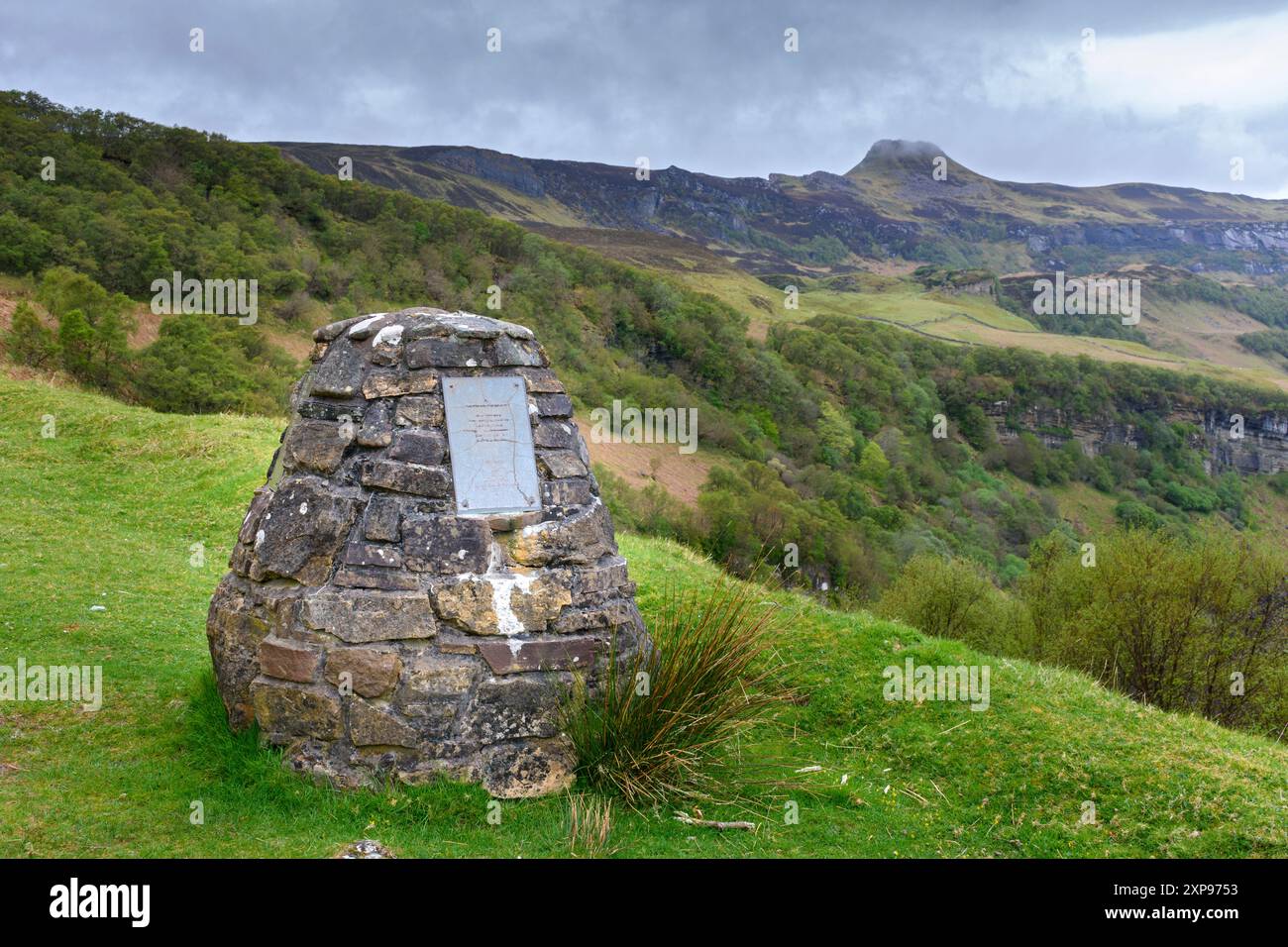 The Hallaig Memorial Cairn, with brass plaques inscribed, in Gaelic and ...