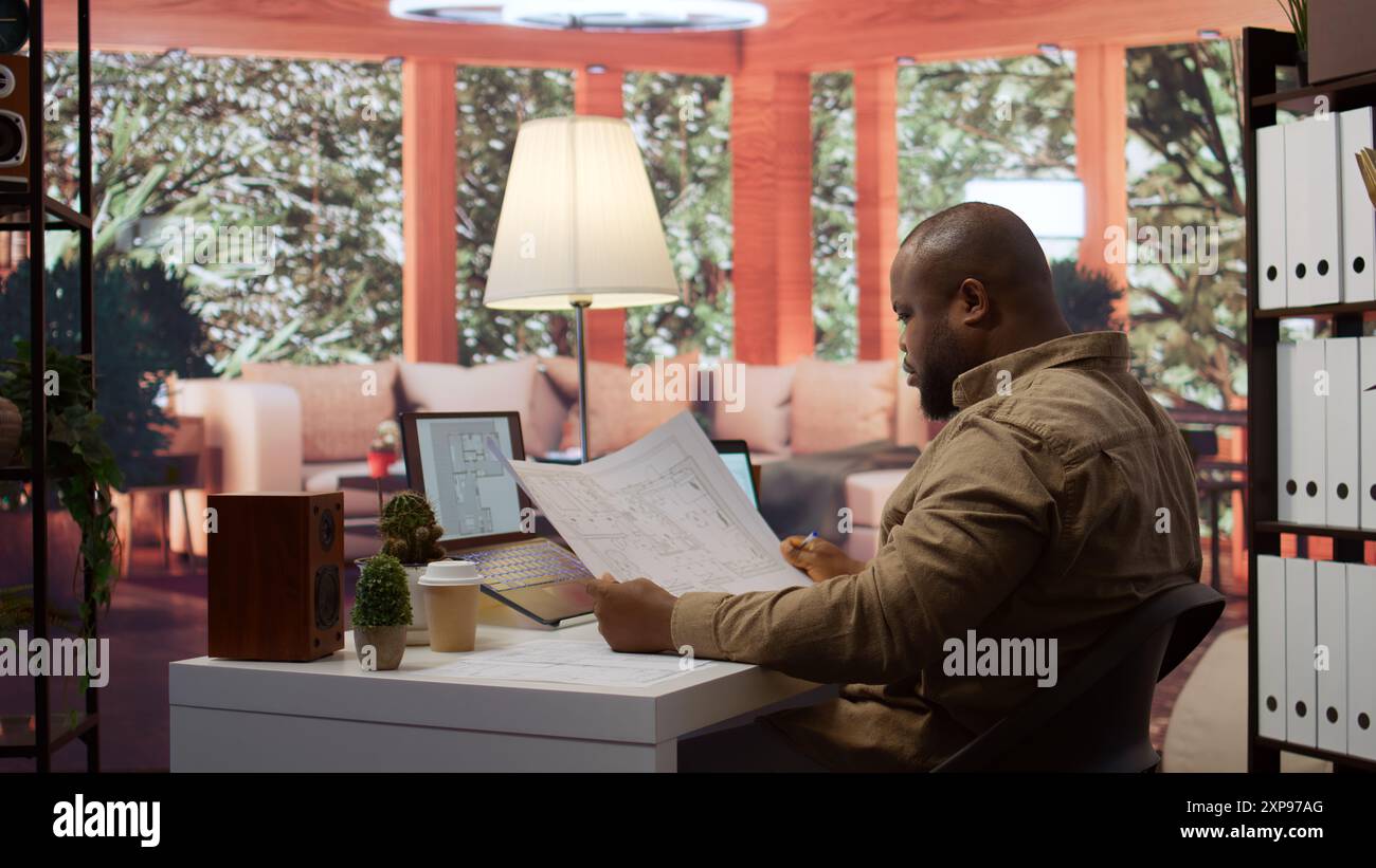 Business owner conducting strategic research on office spaces and ...