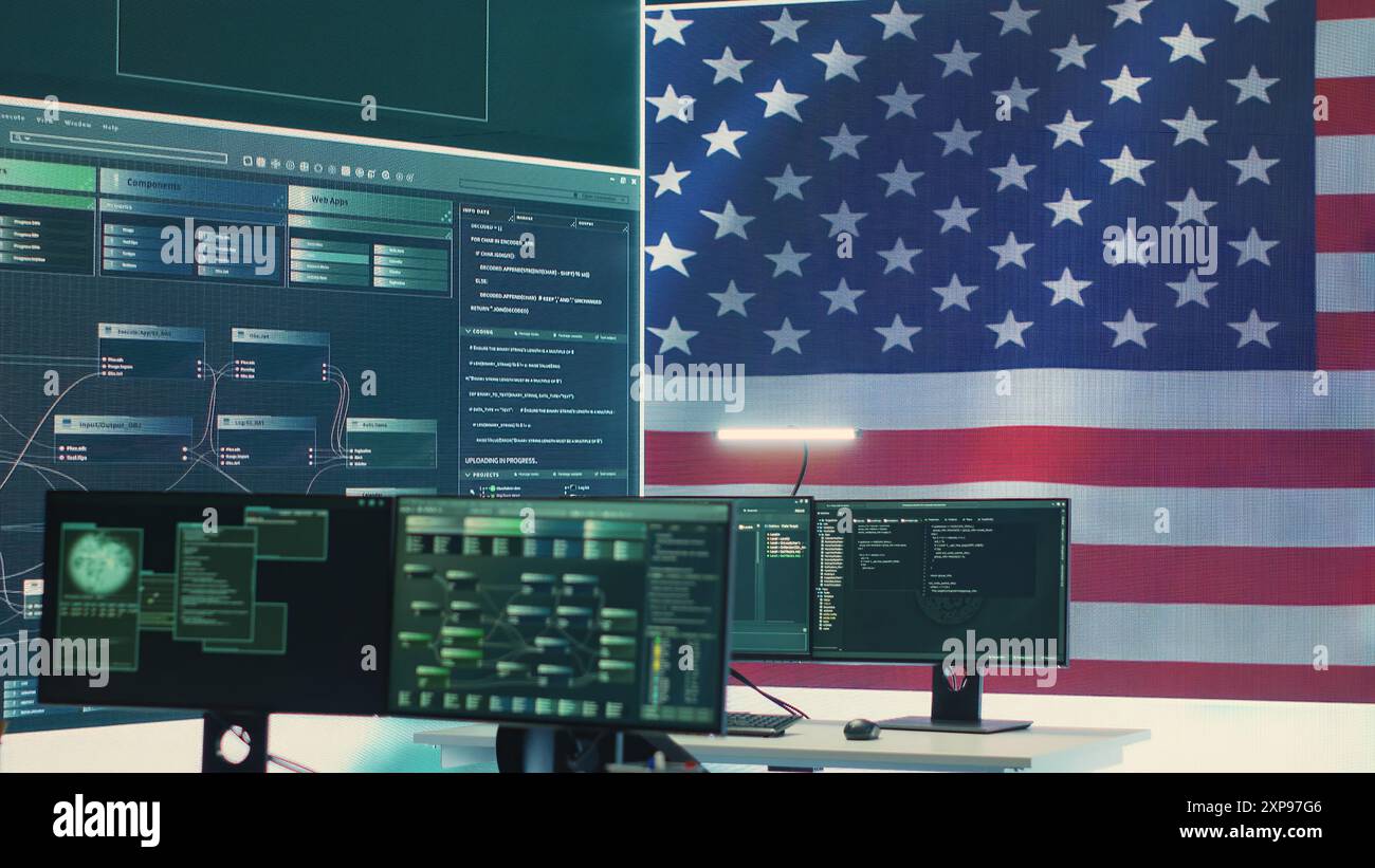 Empty high tech office with a big screen showing an American flag ...