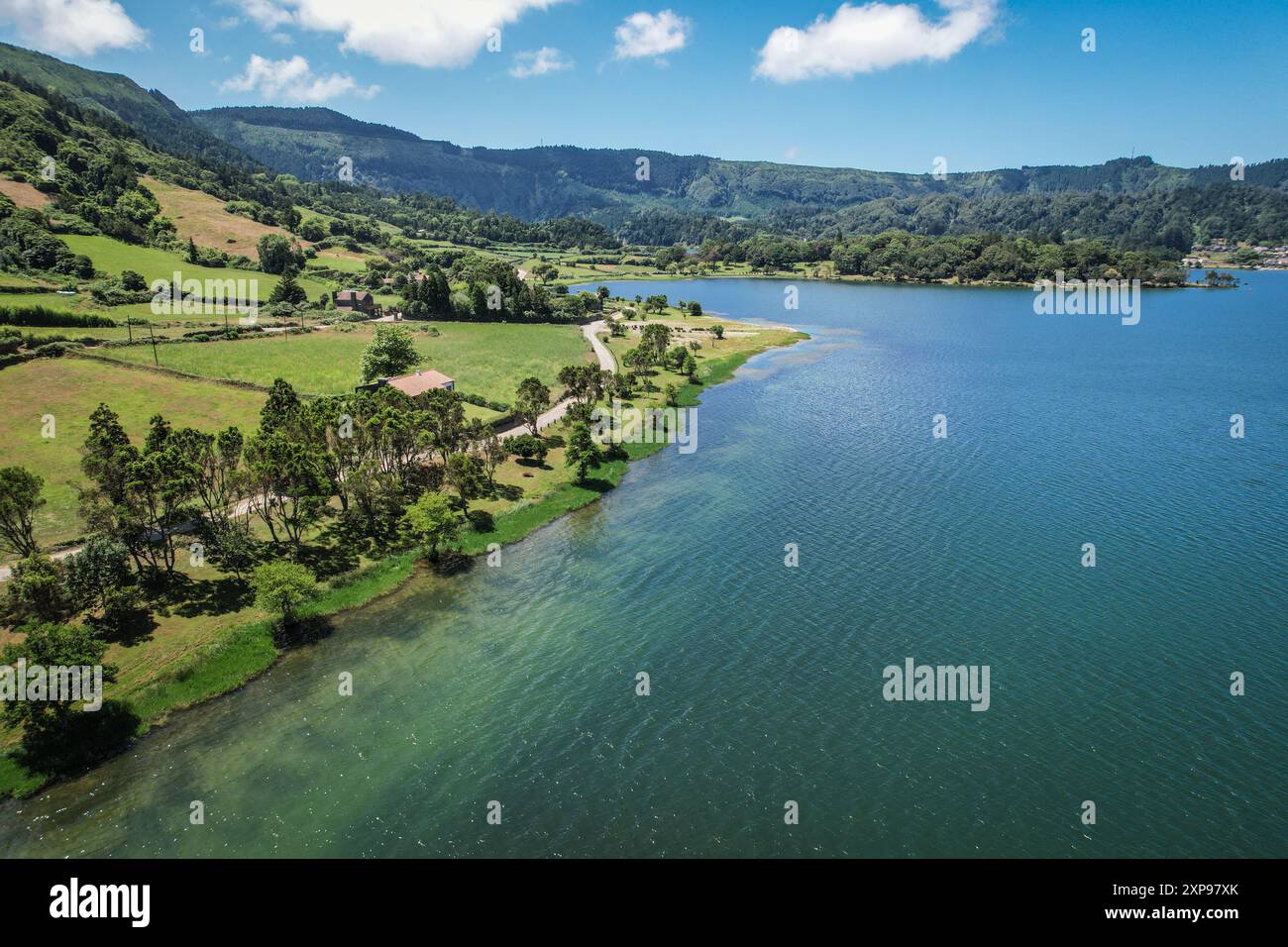 Drone View of the Blue Lagoon of the Sete Cidades Village, Sao Miguel ...