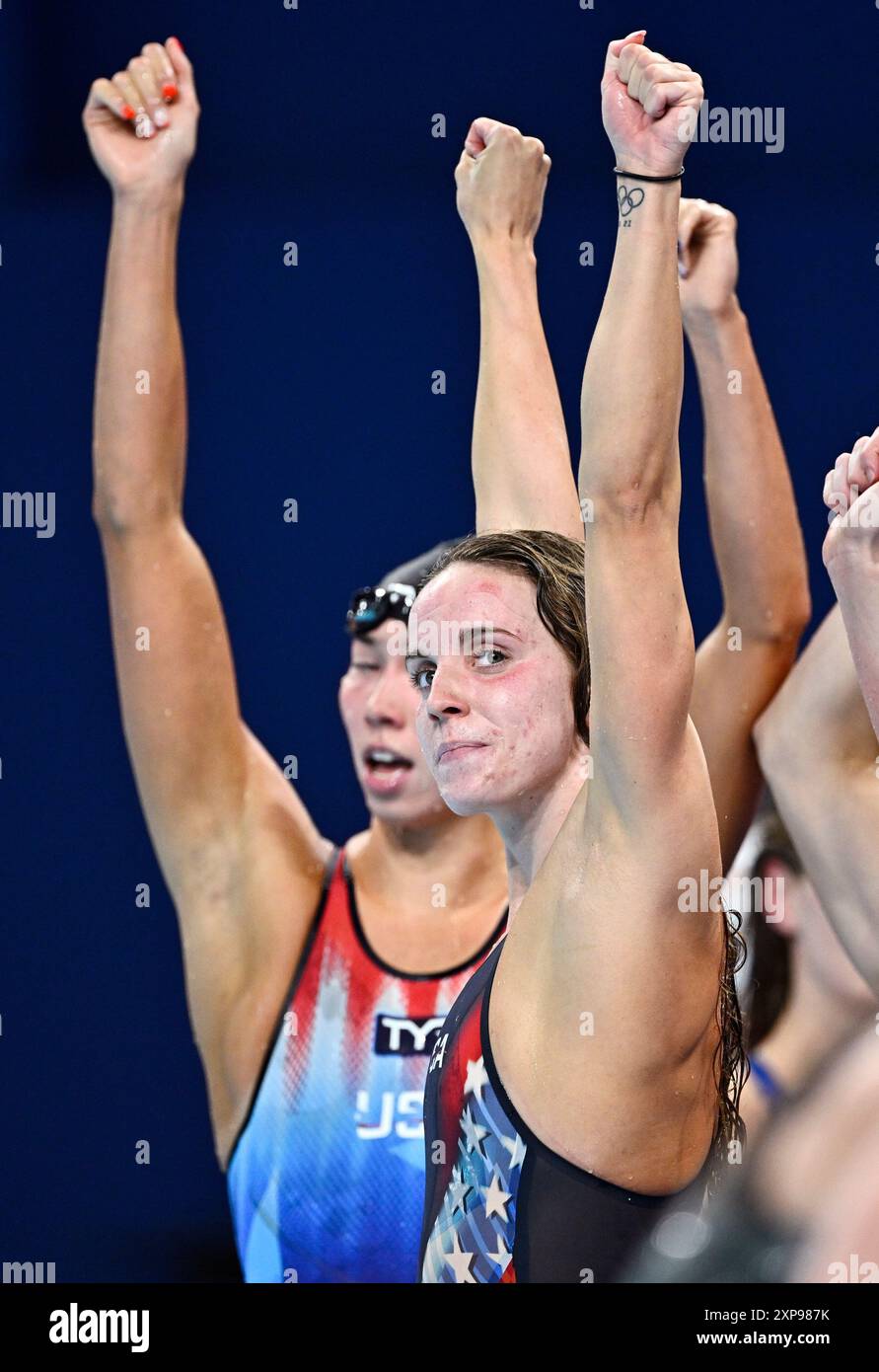 Paris, France. 4th Aug, 2024. Team USA celebrate after the women's 4 x ...
