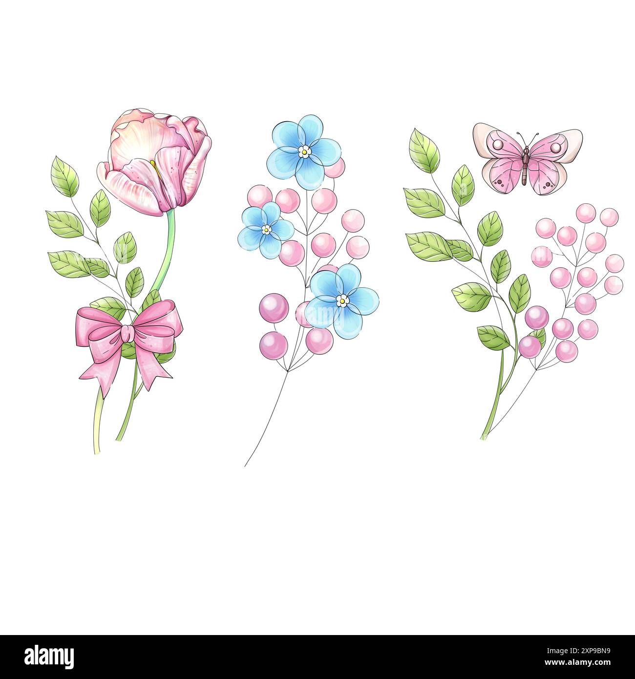 Watercolor set of clipart pink berries branch with butterfly, tulip ...