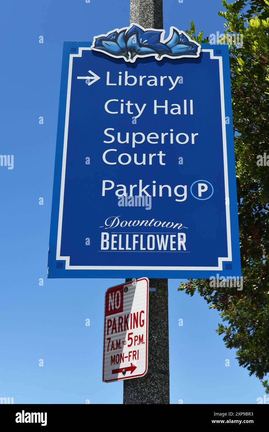 BELLFLOWER, CALIFORNIA - 28 JULY 2024: City Hall sign on a lamppost on ...