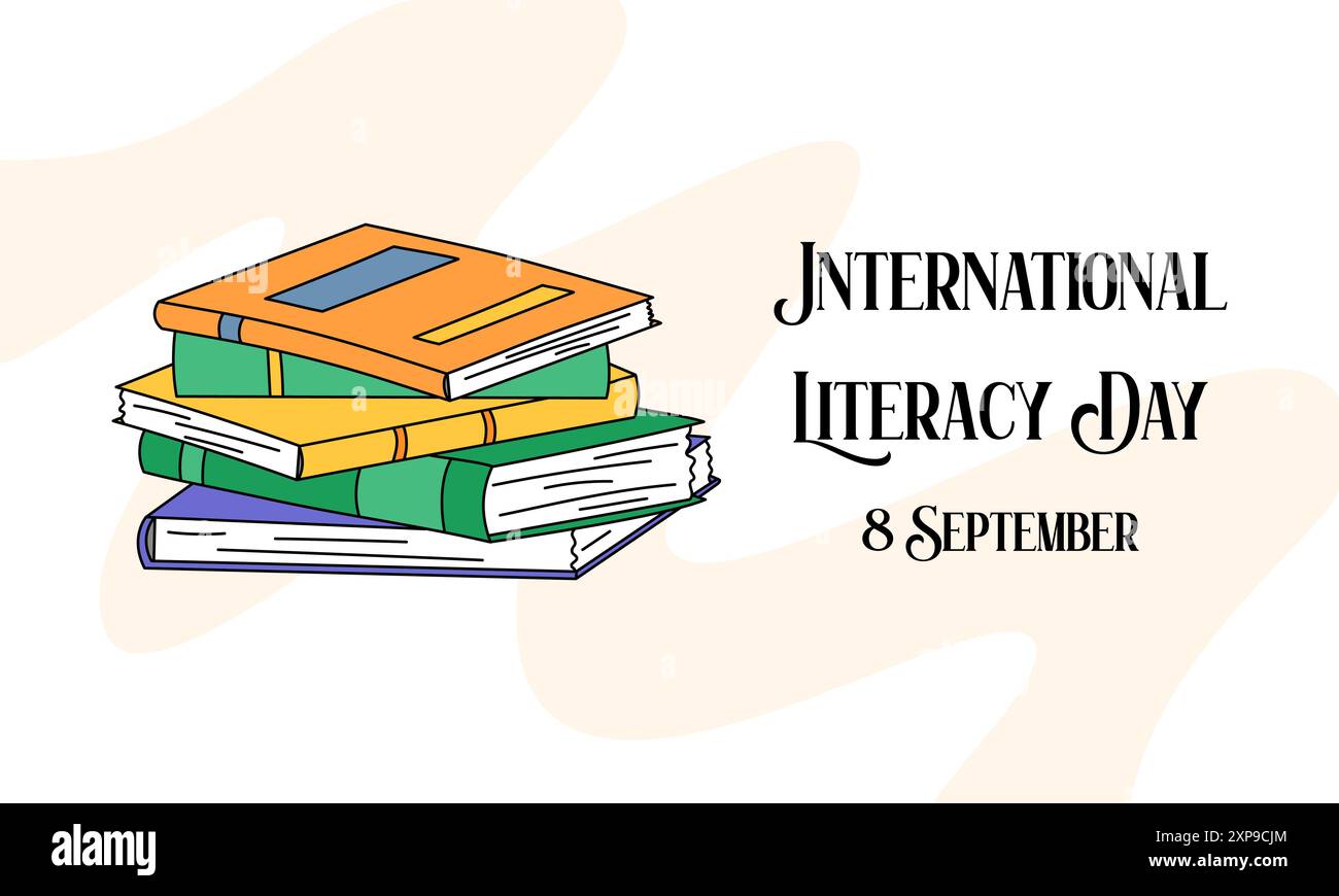International Literacy Day banner 8 September celebration. Pile of ...