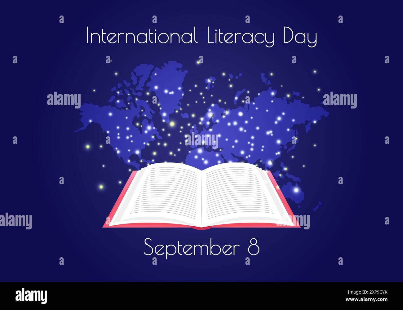 International Literacy Day September 8 celebration. Glowing open book ...