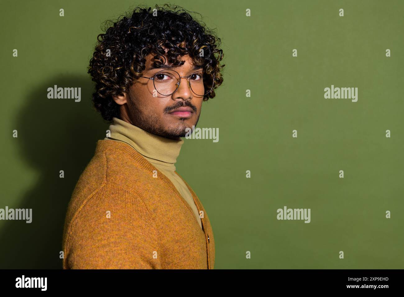 Photo portrait of attractive young man look camera calm profile dressed ...