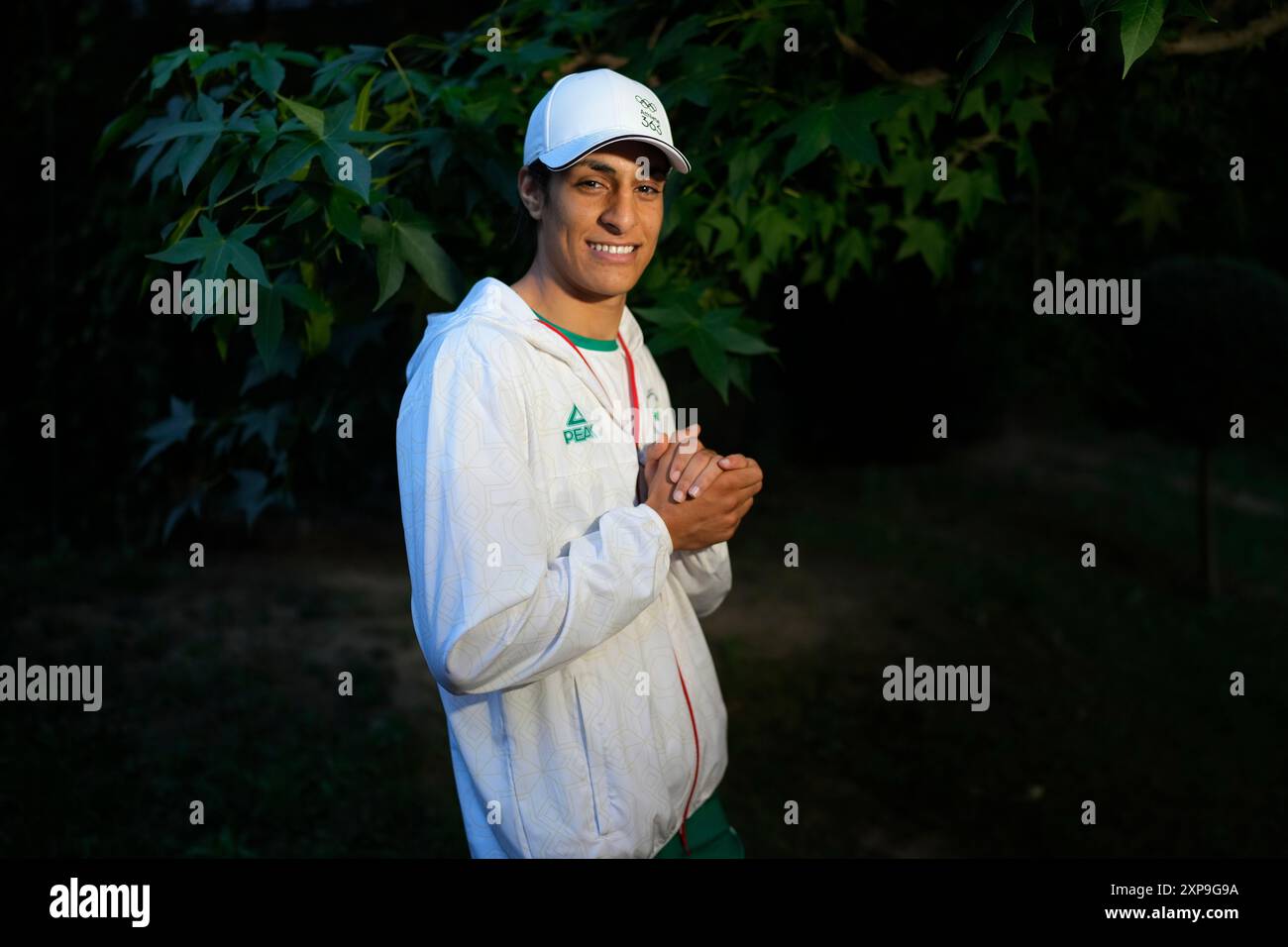 Algerian boxer Imane Khelif poses for a photo after an interview with ...