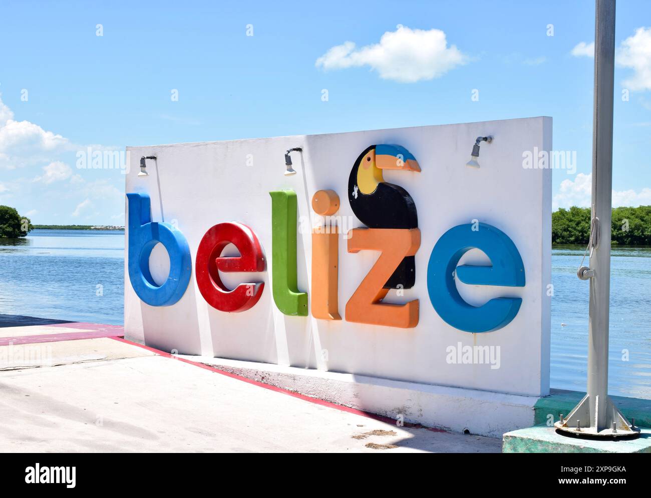 The "Belize" sign at the water taxi terminal on the lagoon side in San ...