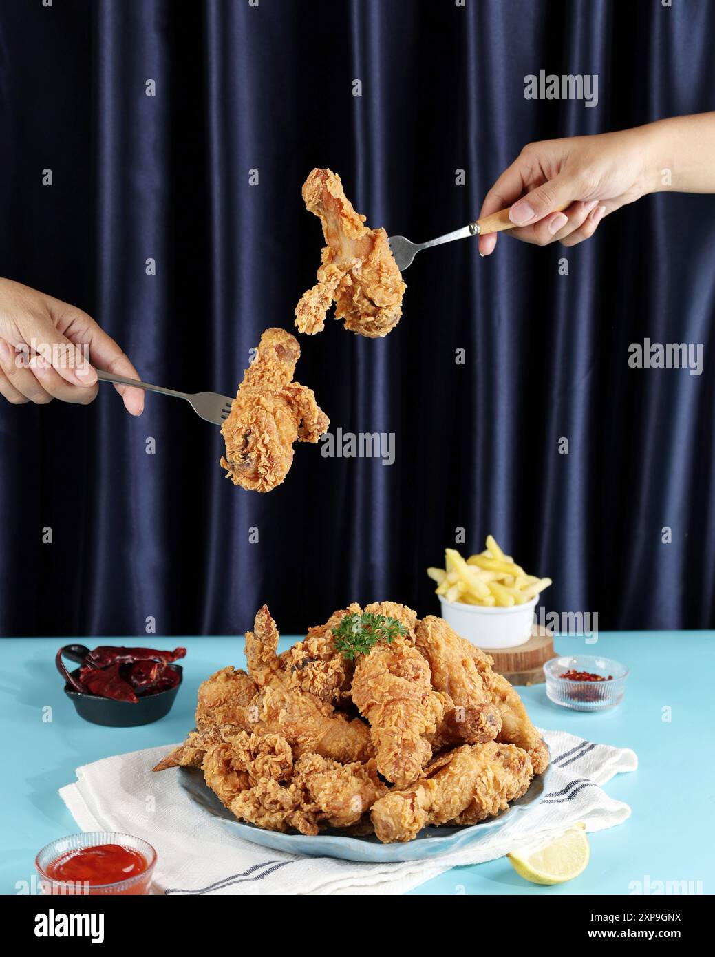 Two Female Hand Woman Hand Taking the Fried Chicken with Fork, Full ...