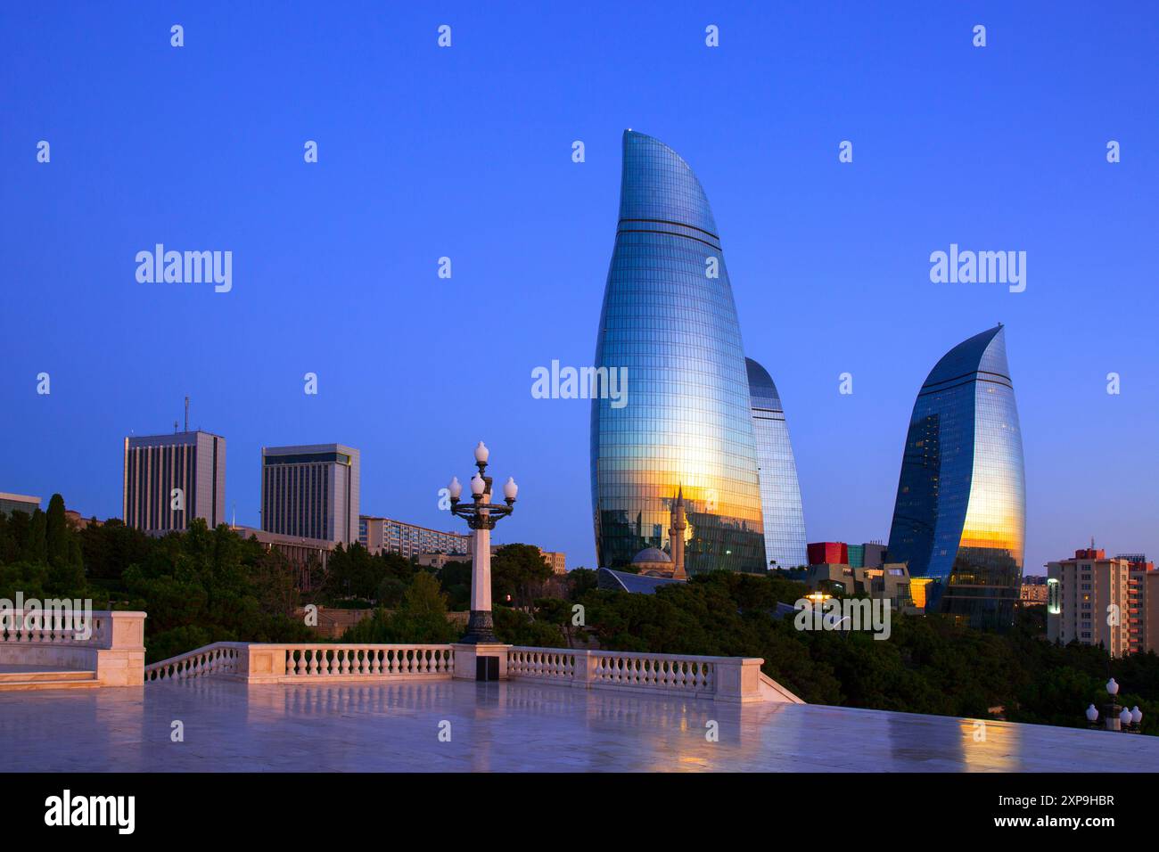 Panoramic view across the Flame Towers (2012) at dawn from Highland ...