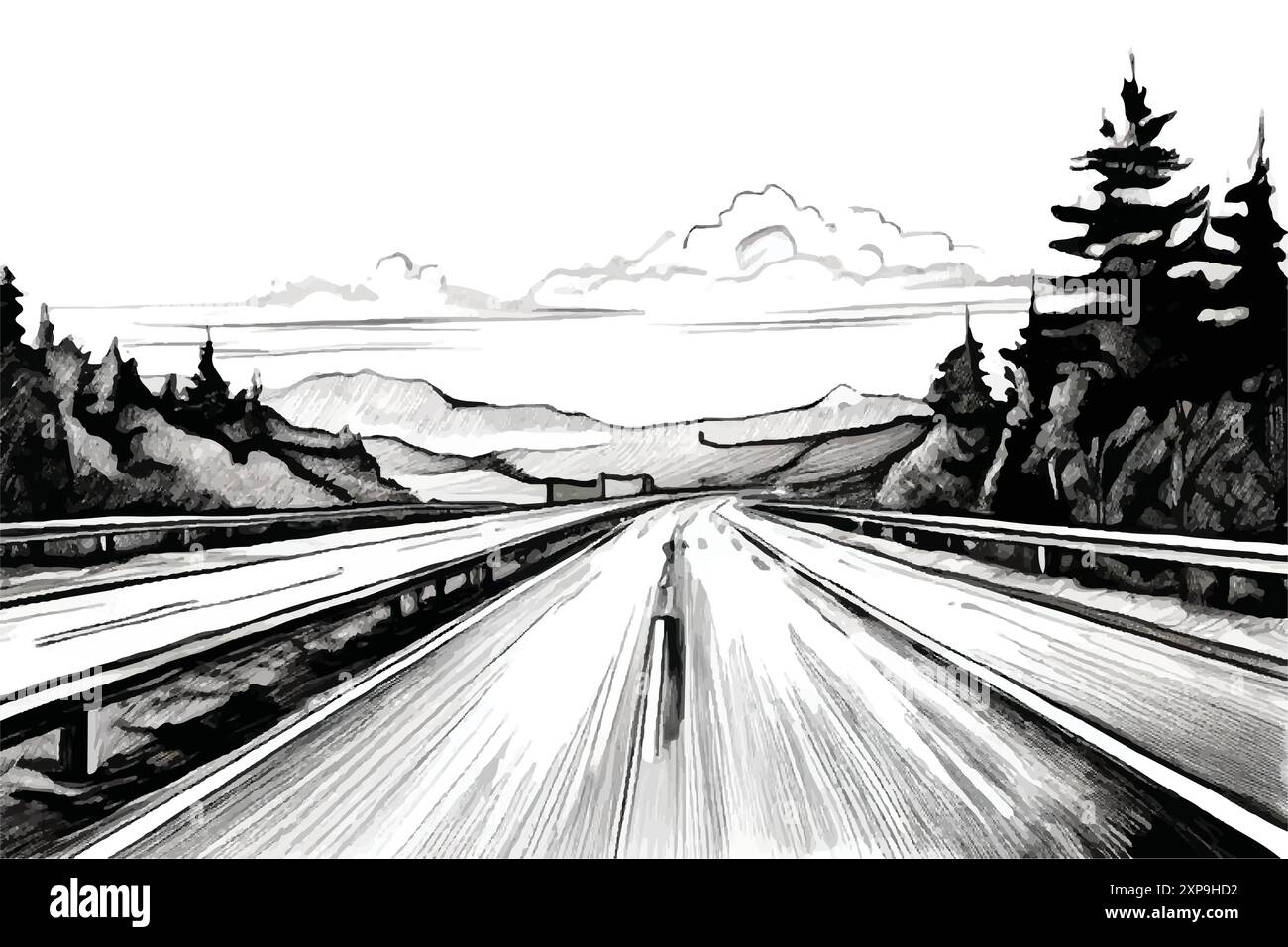 Black and white Highway Sketch Illustration Background. Road hand drawn ...