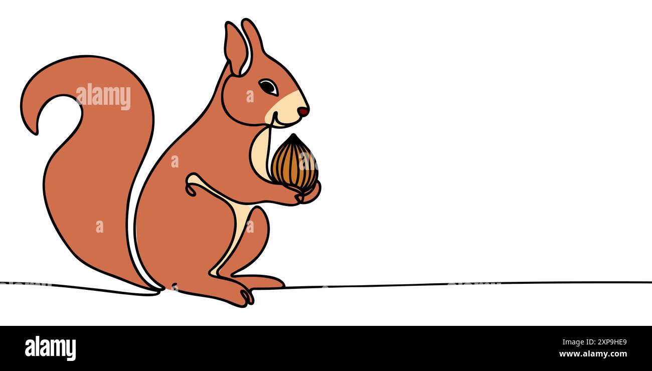 Continuous one line drawing squirrel sits eating nuts. Animals concept ...