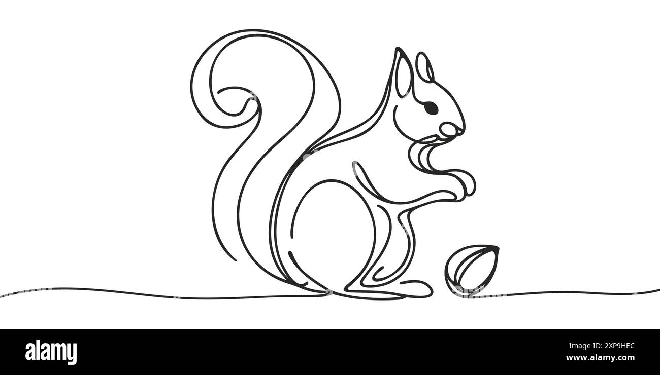 Continuous one line drawing squirrel sits eating nuts. Animals concept ...