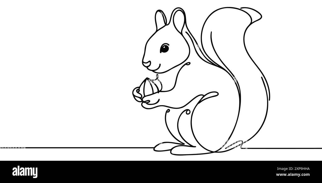 Continuous one line drawing squirrel sits eating nuts. Animals concept ...