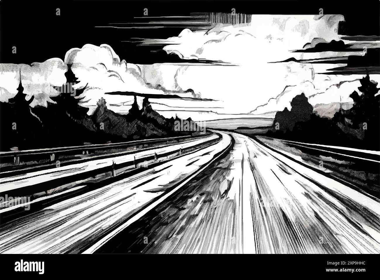 Black and white Highway Sketch Illustration Background. Road hand drawn ...
