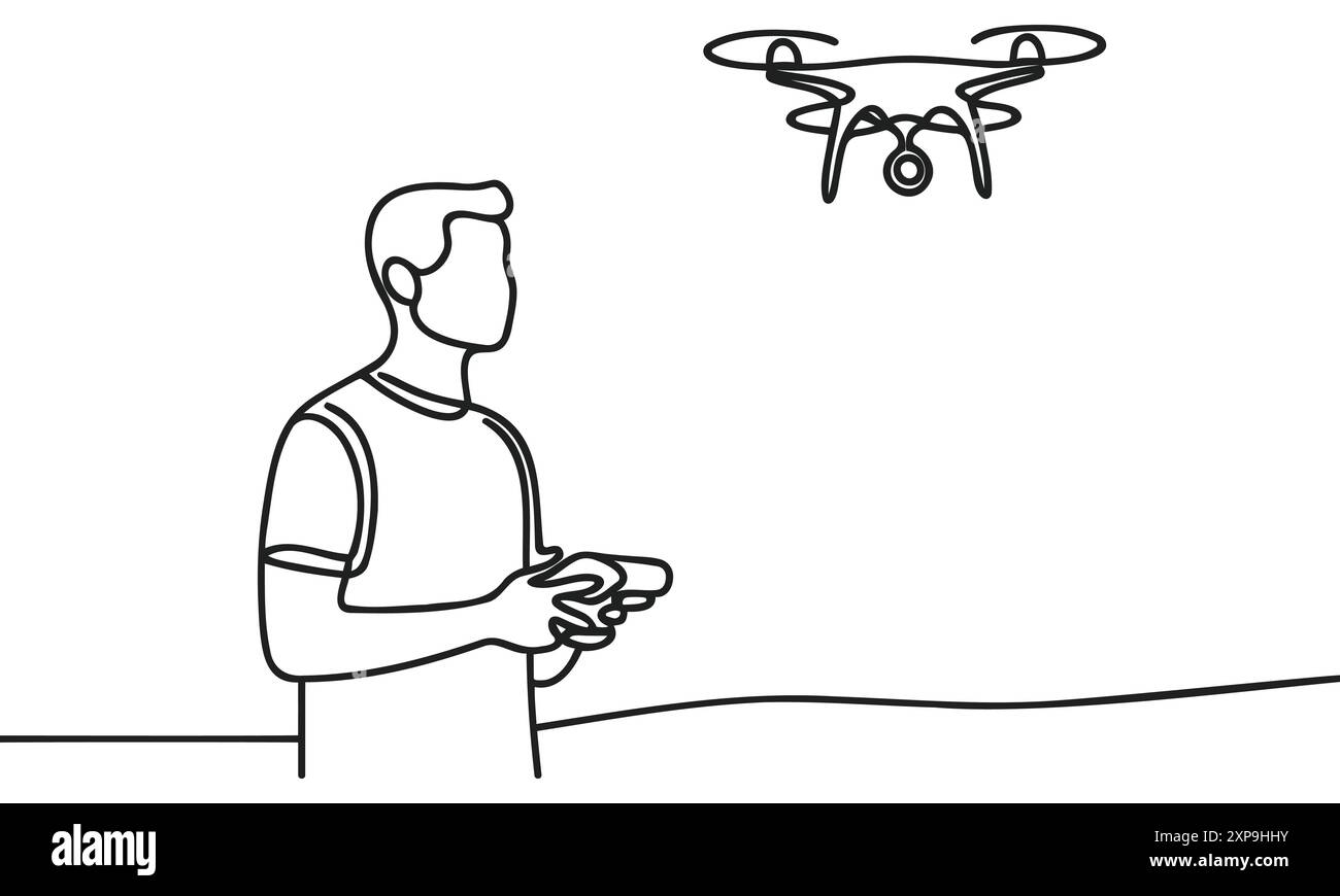 Continuous one line drawing of man with remote control and flying drone ...