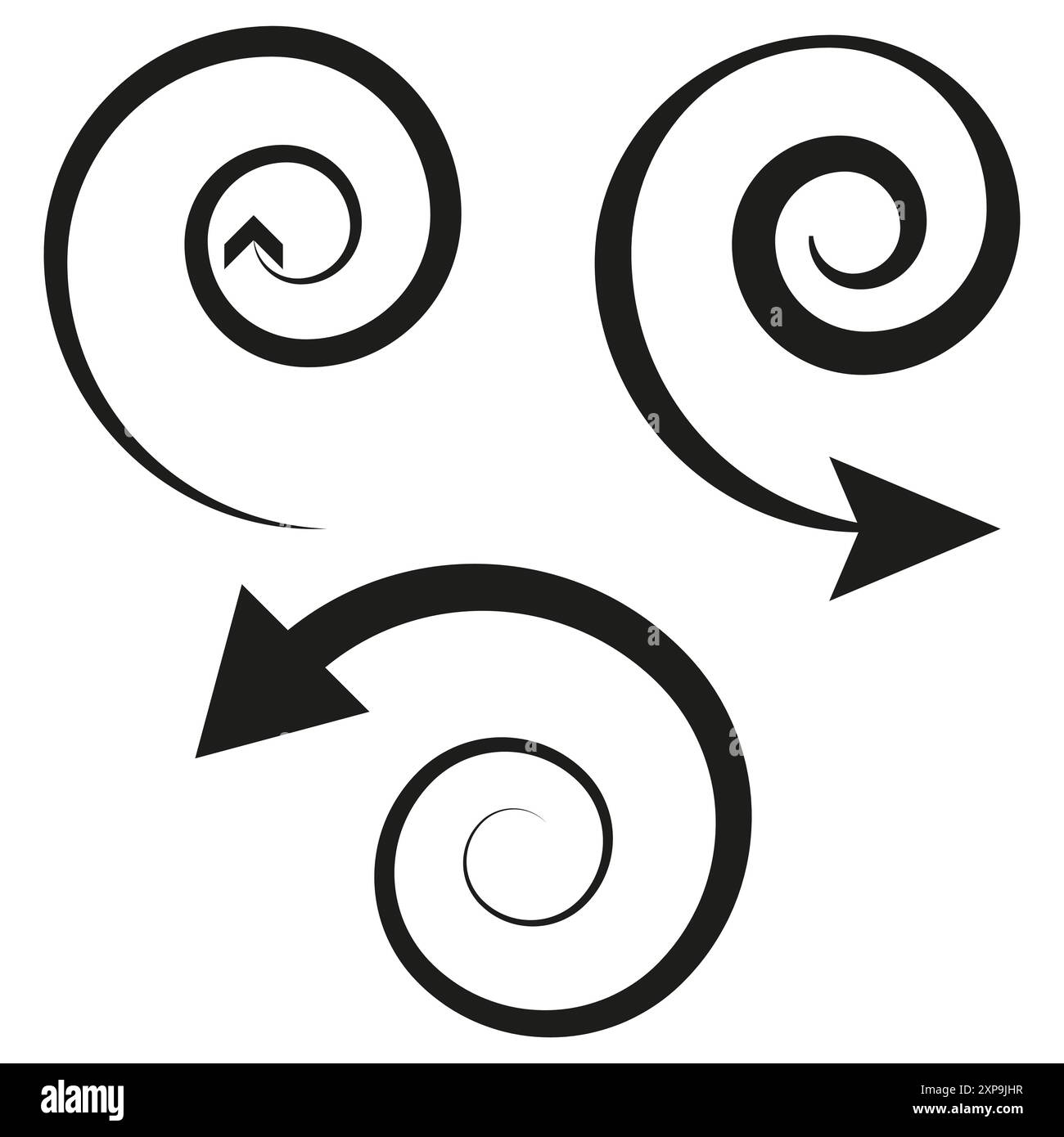 Spiral arrow icons. Swirl vector design. Black circular shapes. Dynamic direction symbols Stock ...