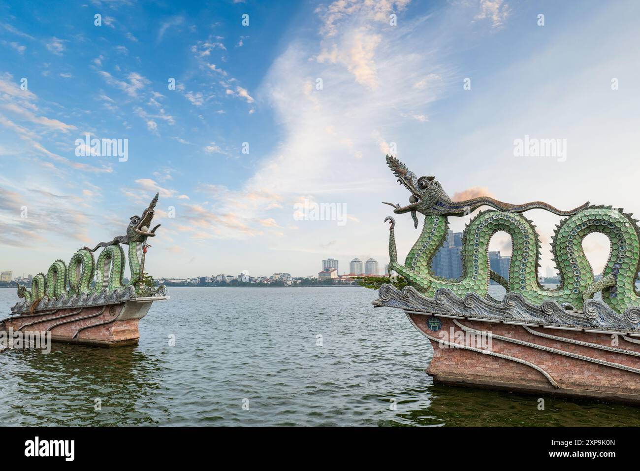 Hanoi West Lake, or Tay Ho Lake, view with Twin Dragons statue, a ...