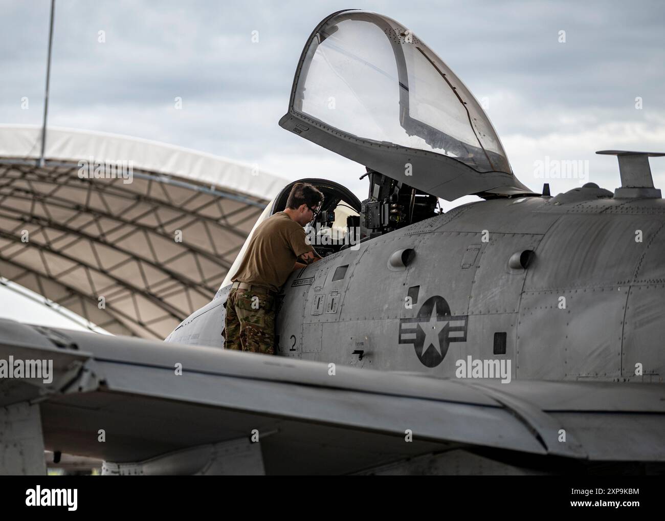 A U.S. Air Force Airman assigned to the 76th Fighter Generation Squadron prepares an A-10C ...