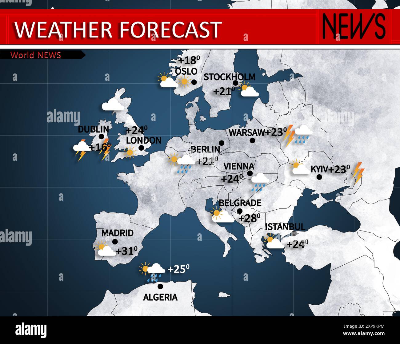 Weather forecast shown on map of Europe. illustration with city names ...