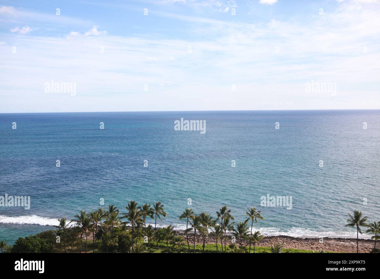 Aerial view, of Pacific ocean, shore, beach, palm trees, Ko Olina, Oahu ...