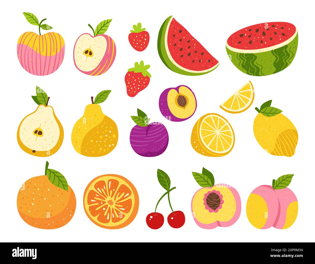 Fruits or berries hand drawn cartoon set. Sliced citrus lemon orange ...