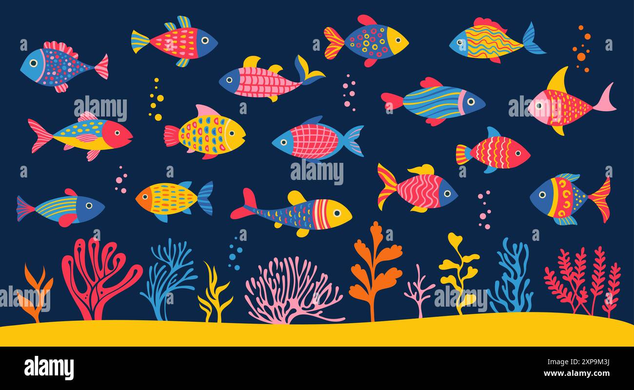 Underwater sea fish abstract cartoon set. Ocean coral reef, marine or ...