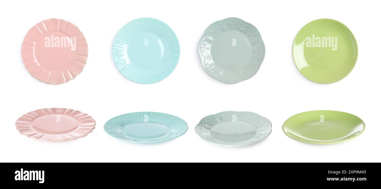 Set of different plates isolated on white, top and side views Stock ...