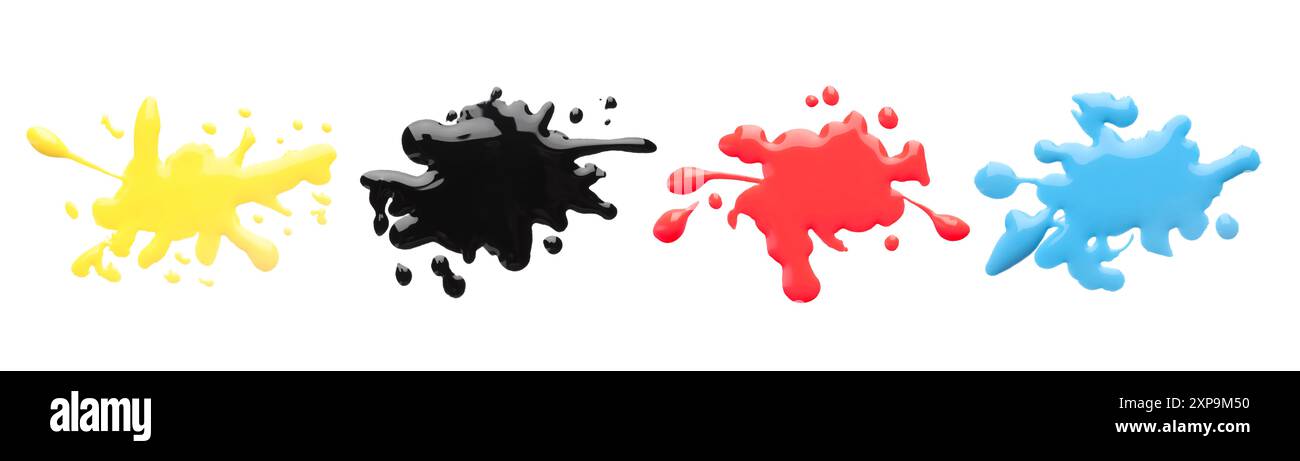 Printer ink of different colors. Set of spots isolated on white, top ...