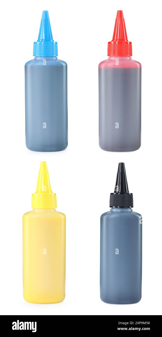 Printer ink of different colors in bottles isolated on white, set Stock ...