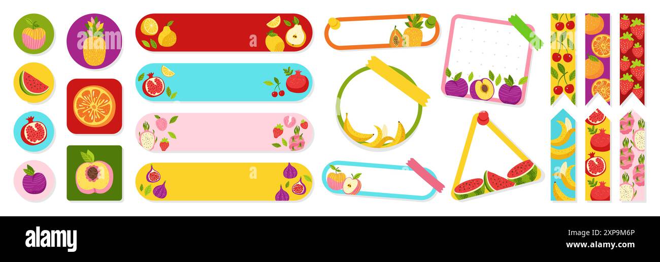 Bookmark and sticker stationery set with cartoon fruits or berries ...