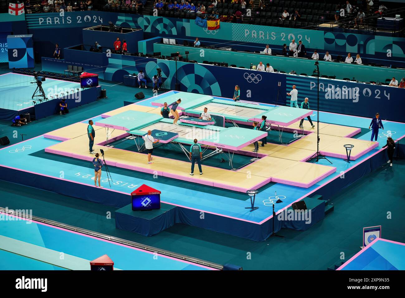 Paris, France - Aug 2, 2024 : Trampolines in the Bercy Arena during the ...
