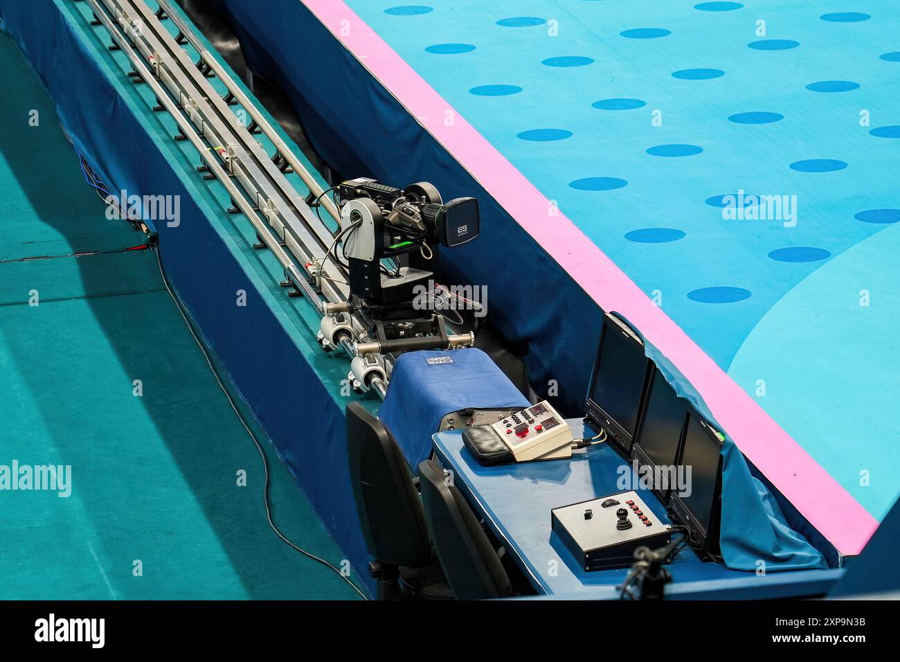 Paris, France - Aug 2, 2024 : Media Camera on tracks in the Bercy Arena ...