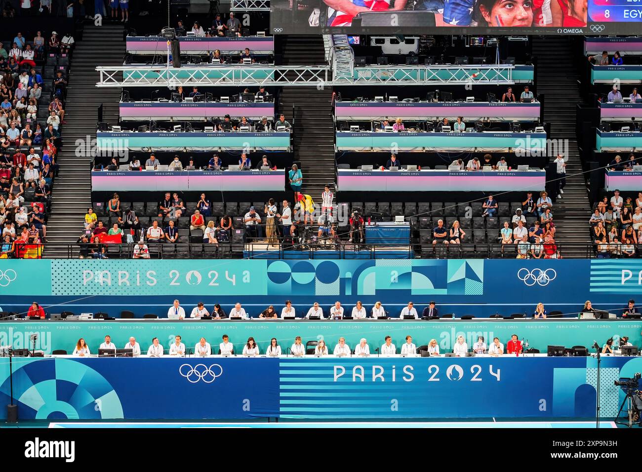 Paris, France - Aug 2, 2024 : Media Desk and judges table in the Bercy Arena during the Paris ...