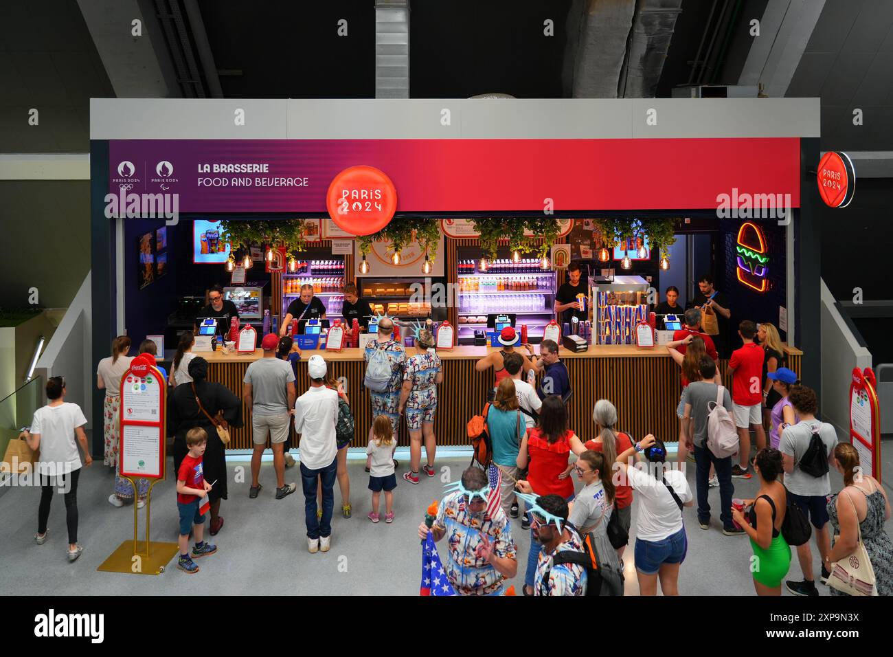 Paris, France - Aug 2, 2024 : Food and beverage booth in the foyer of ...