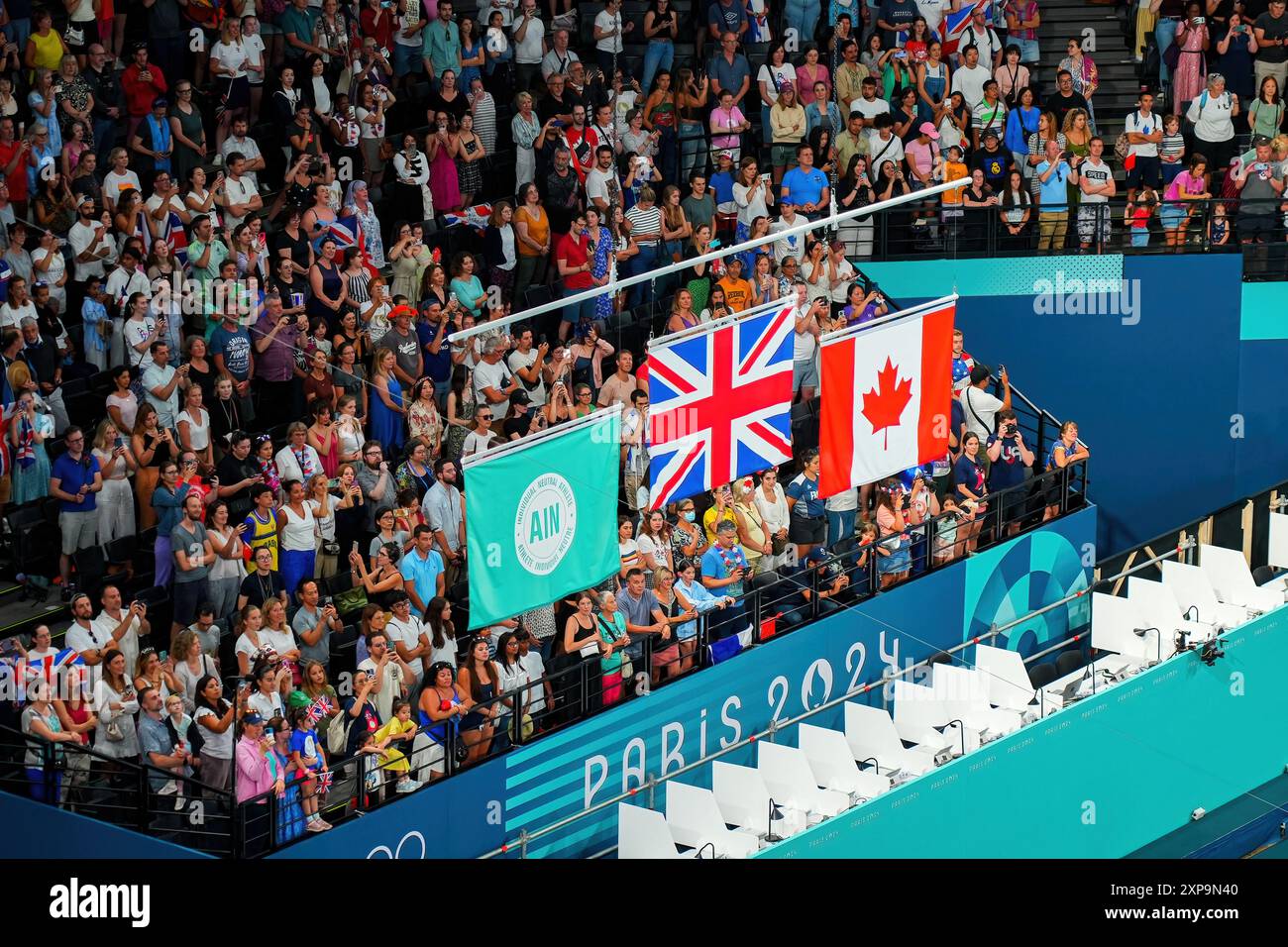 Paris, France - Aug 2, 2024 : Flags of the trampoline medalists of the ...