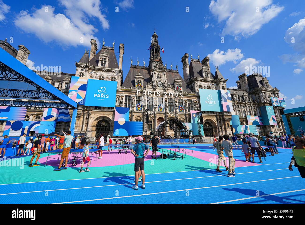 Paris, France - Aug 2, 2024 : Facade of Paris City Hall decorated for a ...