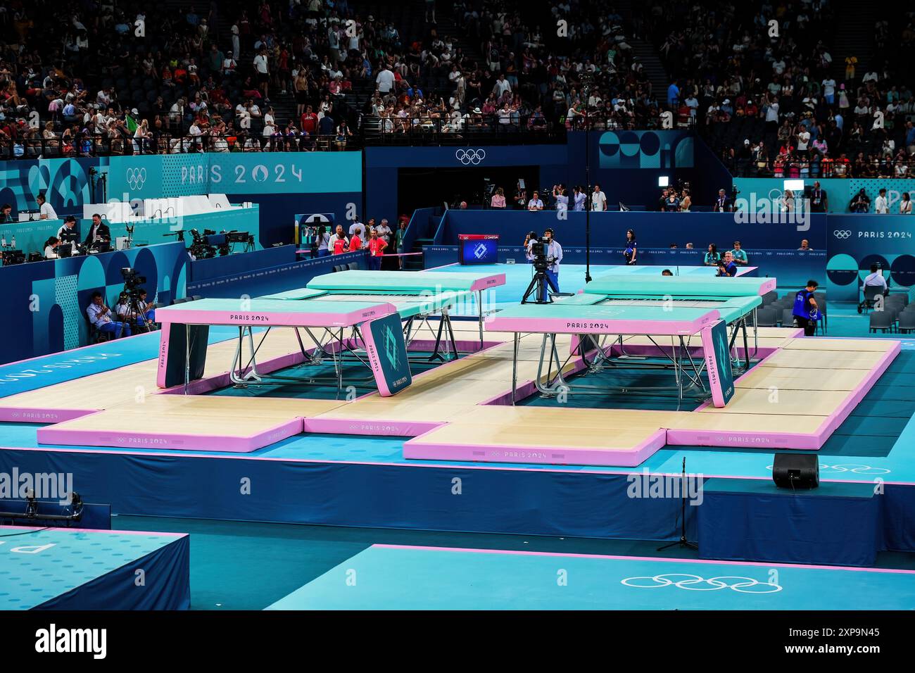 Paris, France - Aug 2, 2024 : Trampolines in the Bercy Arena during the ...