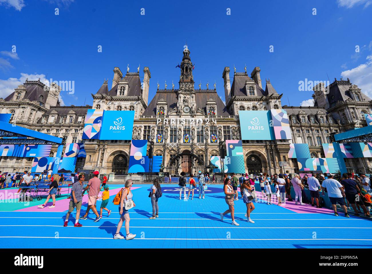 Paris, France - Aug 2, 2024 : Facade of Paris City Hall decorated for a ...