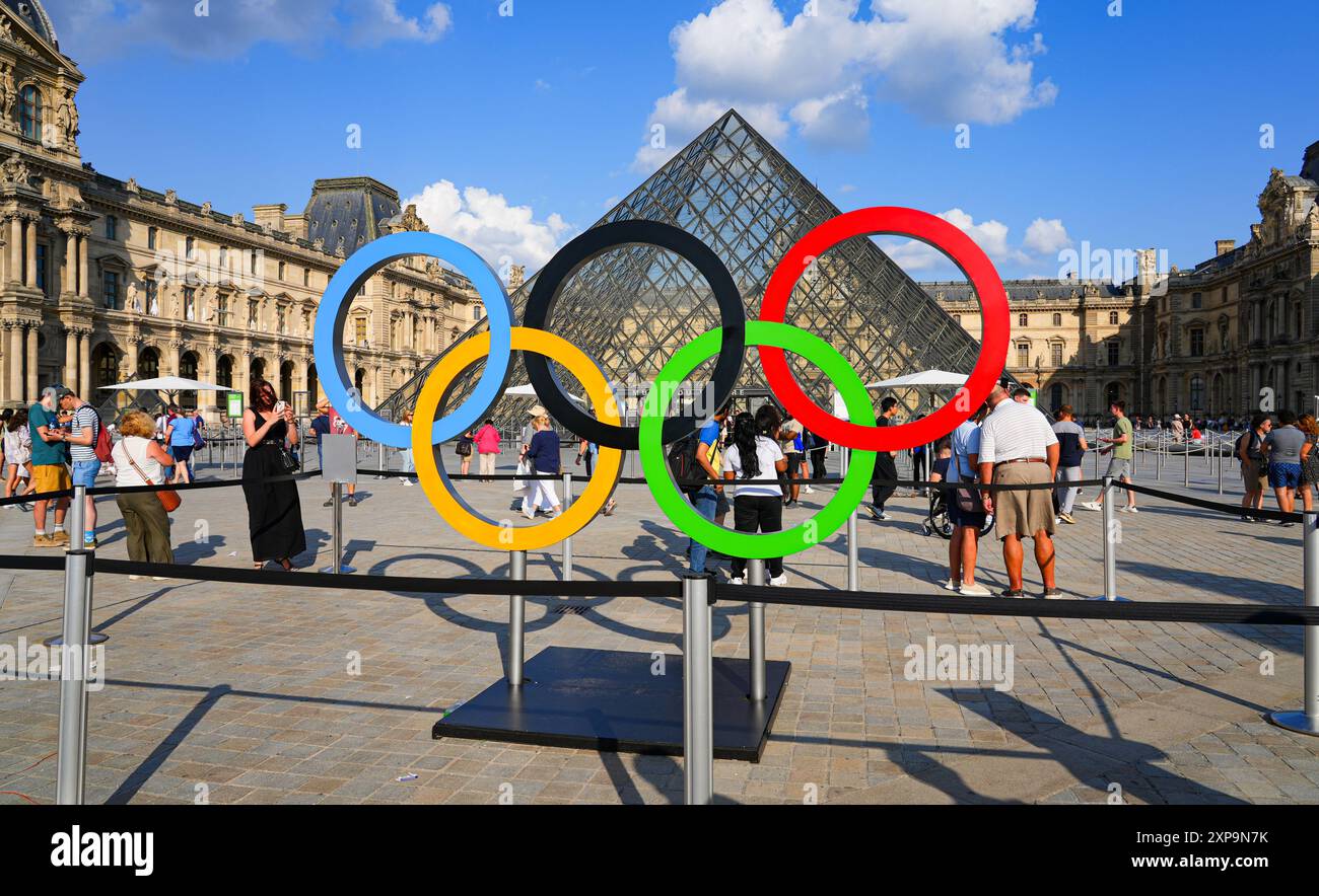 Paris, France - Aug 2, 2024 : Olympic Rings in front of the glass ...