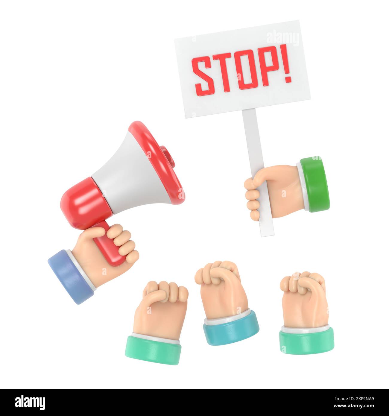 Cartoon hands of demonstrants and hand with Megaphone and stop sign ...