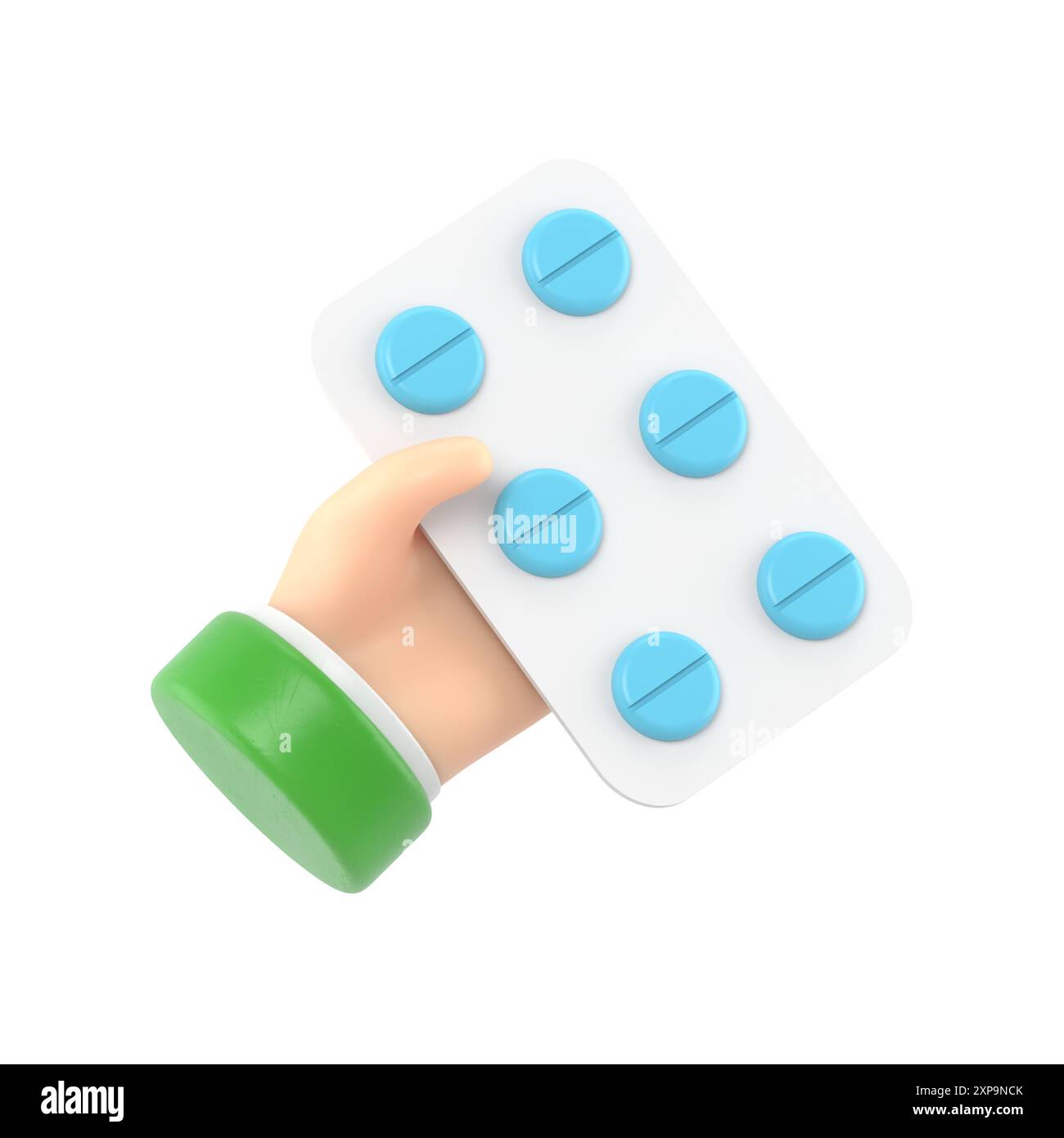 3d render. Pack of pills icon. Doctor or pharmacist cartoon hand with ...